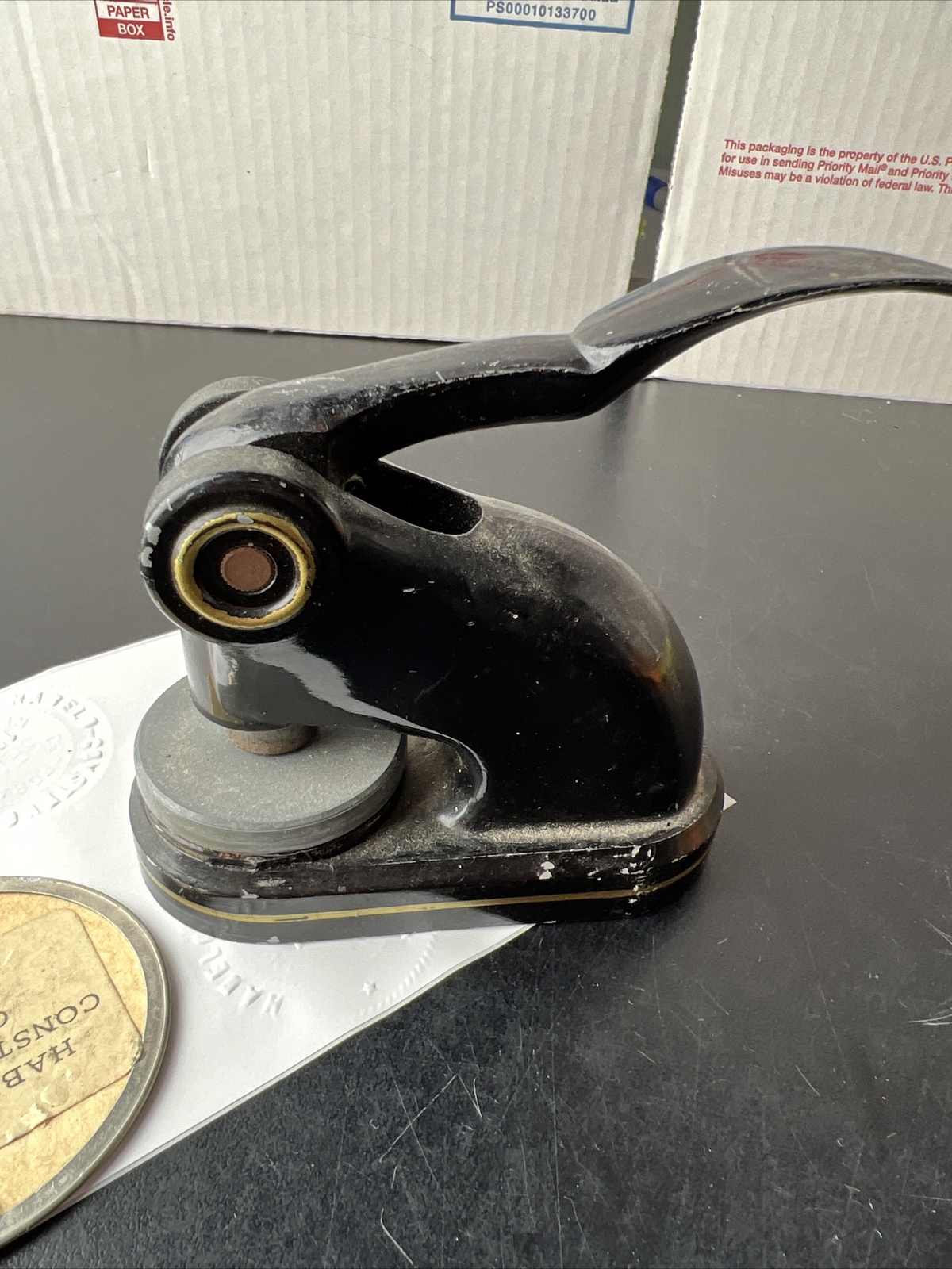 VTG Cast Iron Seal Press Stamp Embosser Notary Habelo Construction 1961 ...