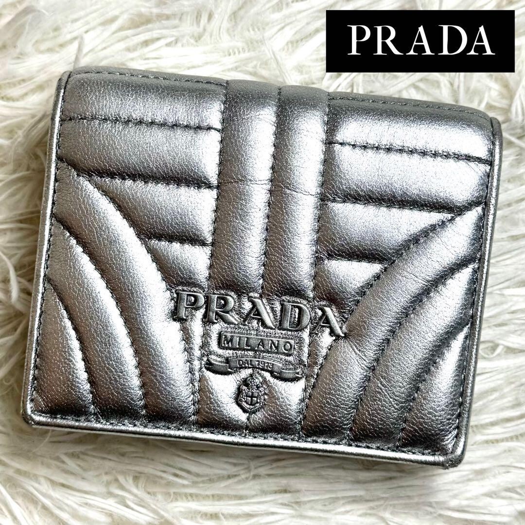 Prada Diagonal Compact bifold wallet CROMO Silver Quilted nappa leather ...