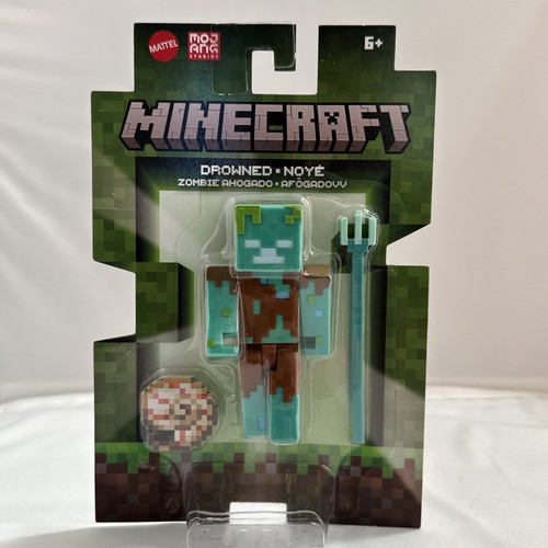 Mattel Minecraft Drowned Zombie w Trident & Nautilus Shell 3.5" Figure ...