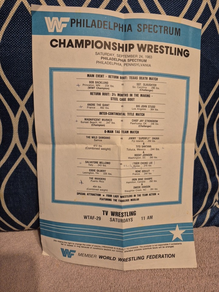 WWF PHILADEPHIA SPECTRUM MATCH CARD PROGRAM SEPTEMBER 24, 1983 BOB ...