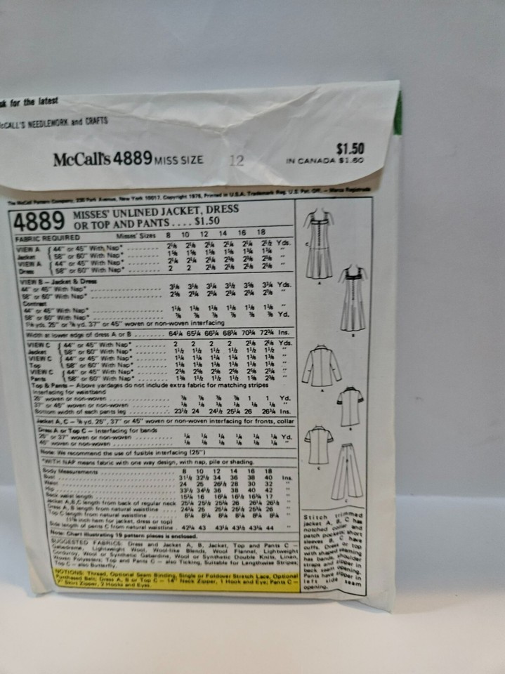 McCall's 4889 Size 12 Jacket, Dress, Top & Pants Uncut 1976 | eBay