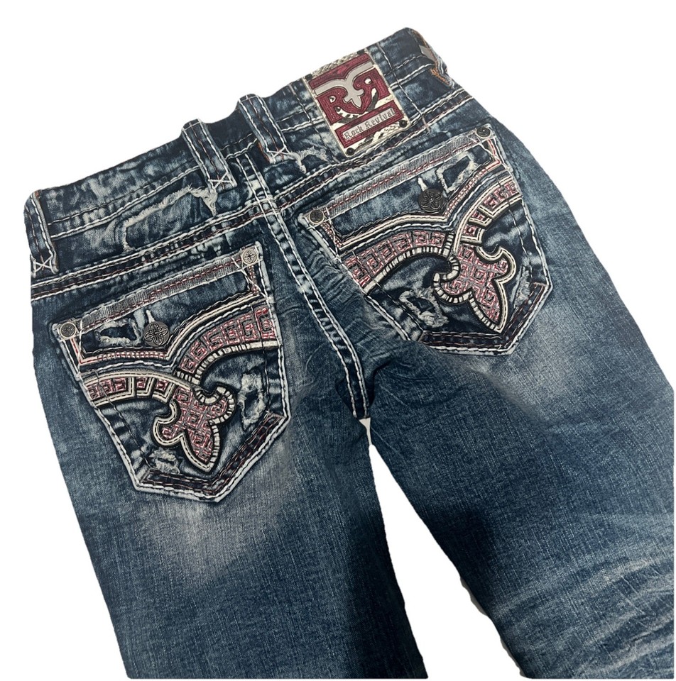Mens Rock Revival Jean LANDON Straight Leg Blue Wash White Red Stitch ...