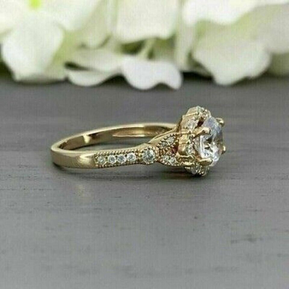 2 Ct Round Cut Simulated Diamond Engagement Ring Real 925 Yellow ...