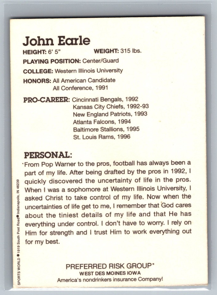 John Earle Sports World AUTO Football Card Signed Autograph Preferred ...