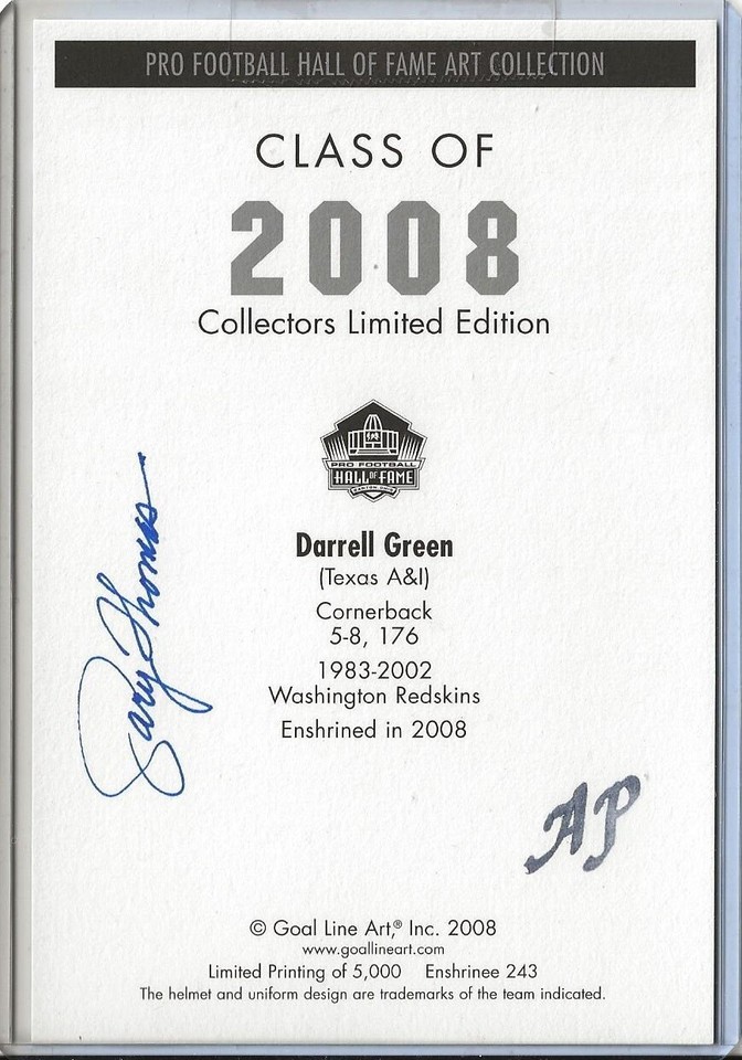 2008 Darrell Green "Artist Proof" Goal Line Art Postcard Signed by ...