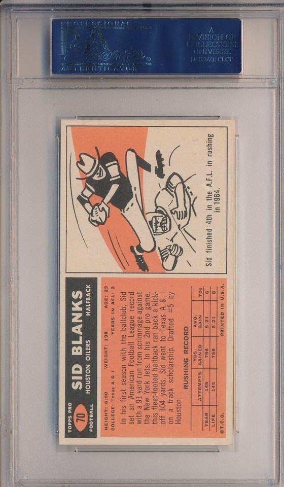 1965 TOPPS #70 SID BLANKS, SHORT PRINT - PSA 6 EX-MT (SVSC) CENTERED ...