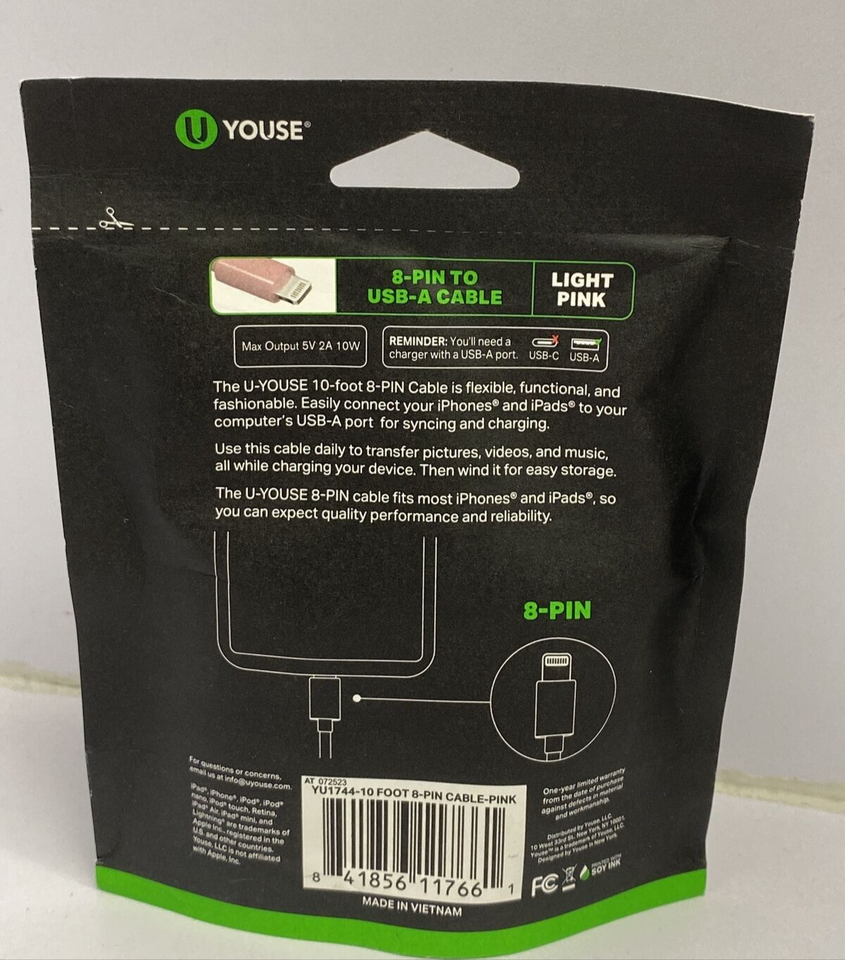 U Youse 10 Ft. 8 Pin to USB A Cable - Pink | eBay