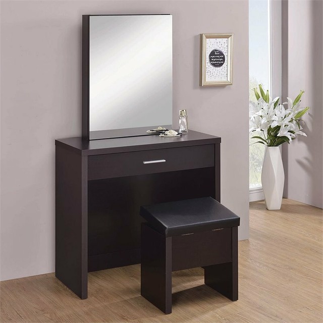 Contemporary Cappuccino Vanity Table and Stool With Storage by Coaster ...