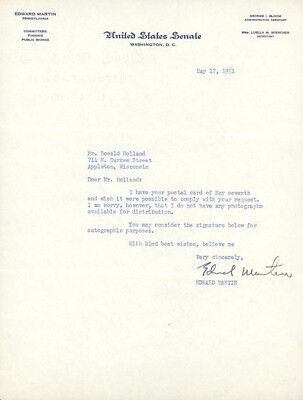 Senator Edward Martin Signed Letter | eBay