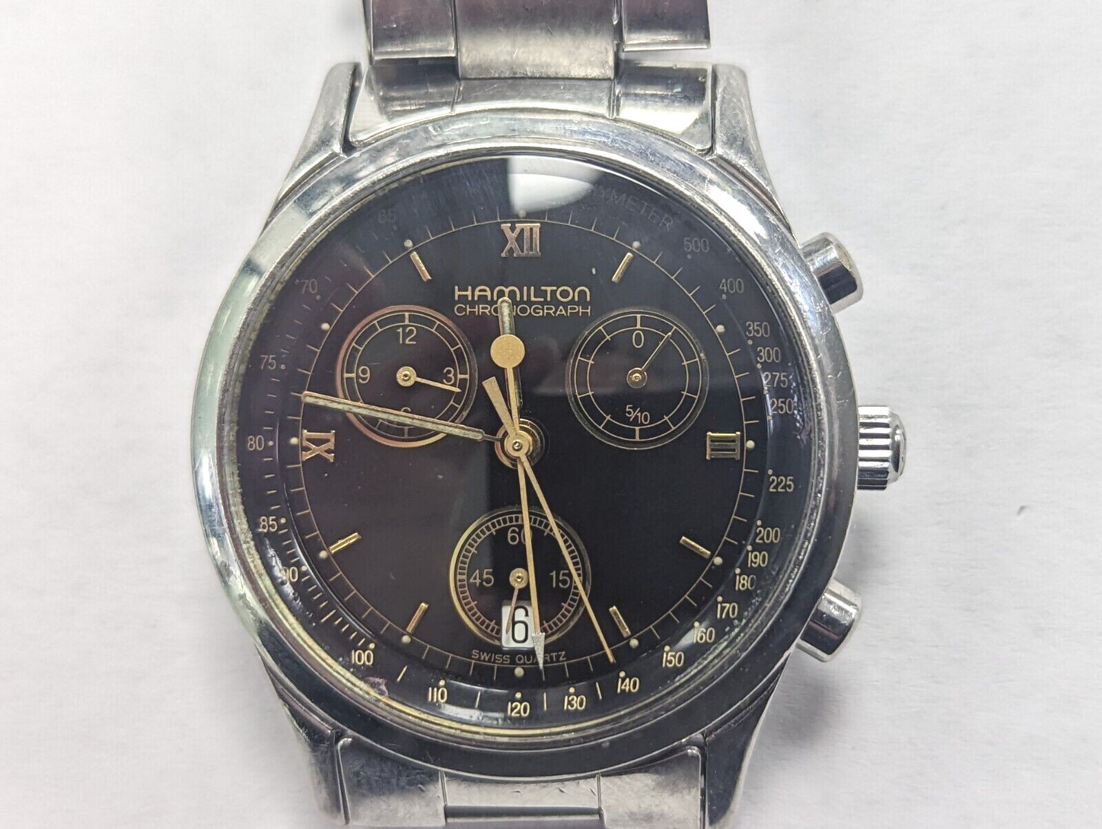 Vintage Mens Stainless Hamilton Chronograph Tachymeter Date Dial Black ...