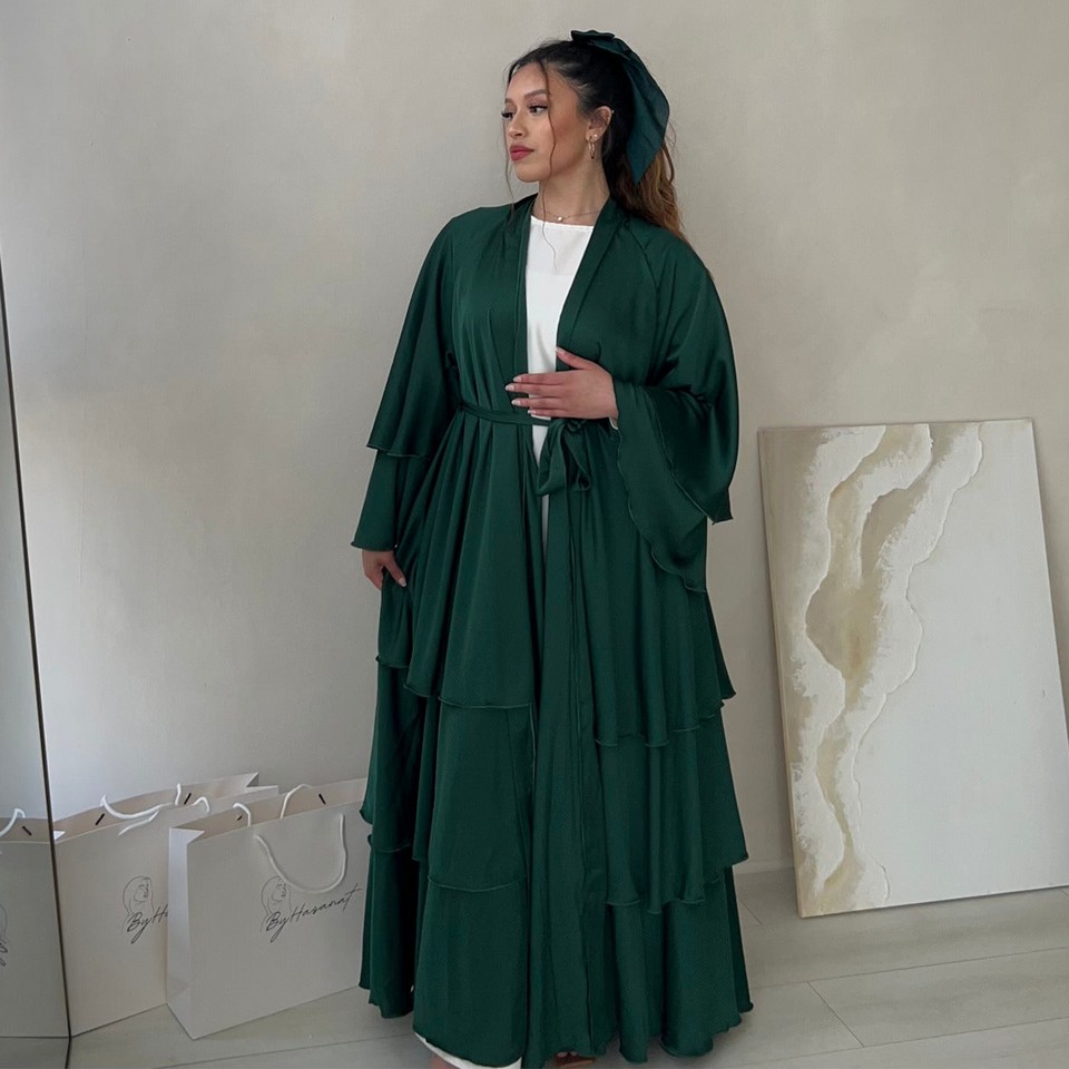 Satin Layered Women Open Dubai Kaftan Muslim Cardigan Long Dress Abaya ...