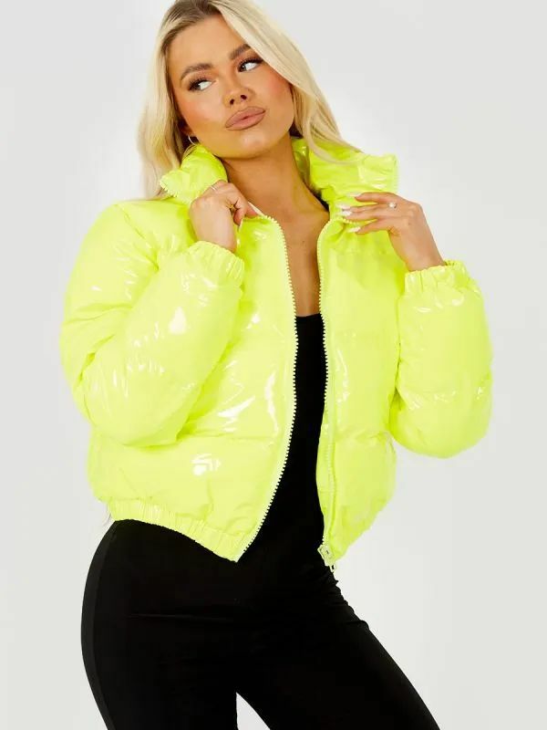 Women Shiny Wet Look Vinyl Thick Puffer Padded Quilted Cropped Short ...