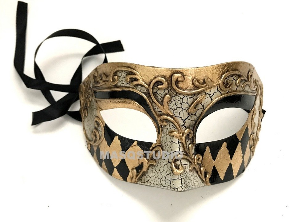 Mens Masquerade Eye Mask Halloween Costume Silver Gold Black Music Prom ...