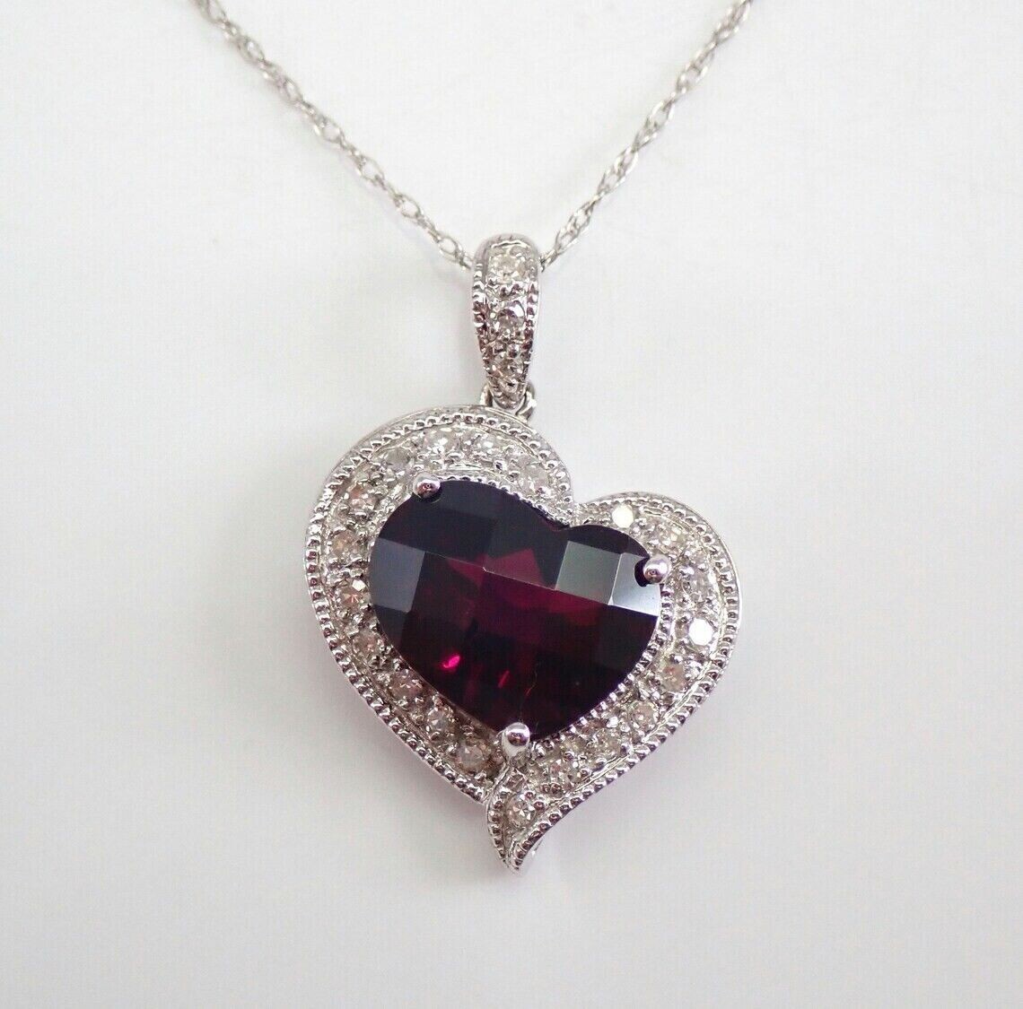 Heart Cut Lab-Created Red Garnet Heart Pendant 18" Chain 14K White Gold ...