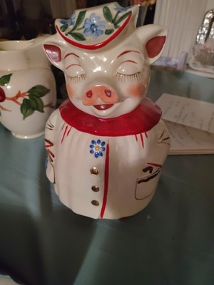 VTG Rare RED COLLAR Gold Strawberries Shawnee WINNIE PIG Cookie Jar USA ...