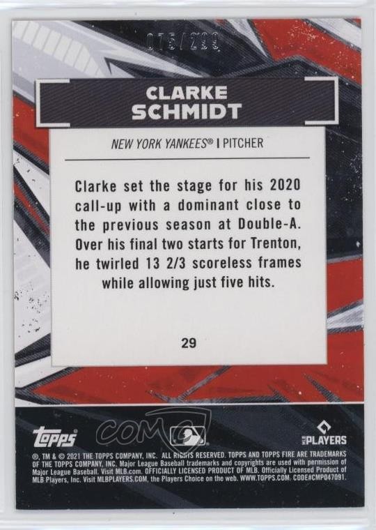 2021 Topps Fire Orange /299 Clarke Schmidt #29 Rookie RC | eBay