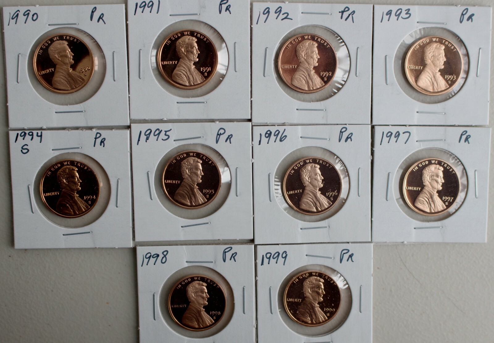 1990 - 1999 S PROOF Lincoln One Cent Collection 1c 10 Coins US Mint ...