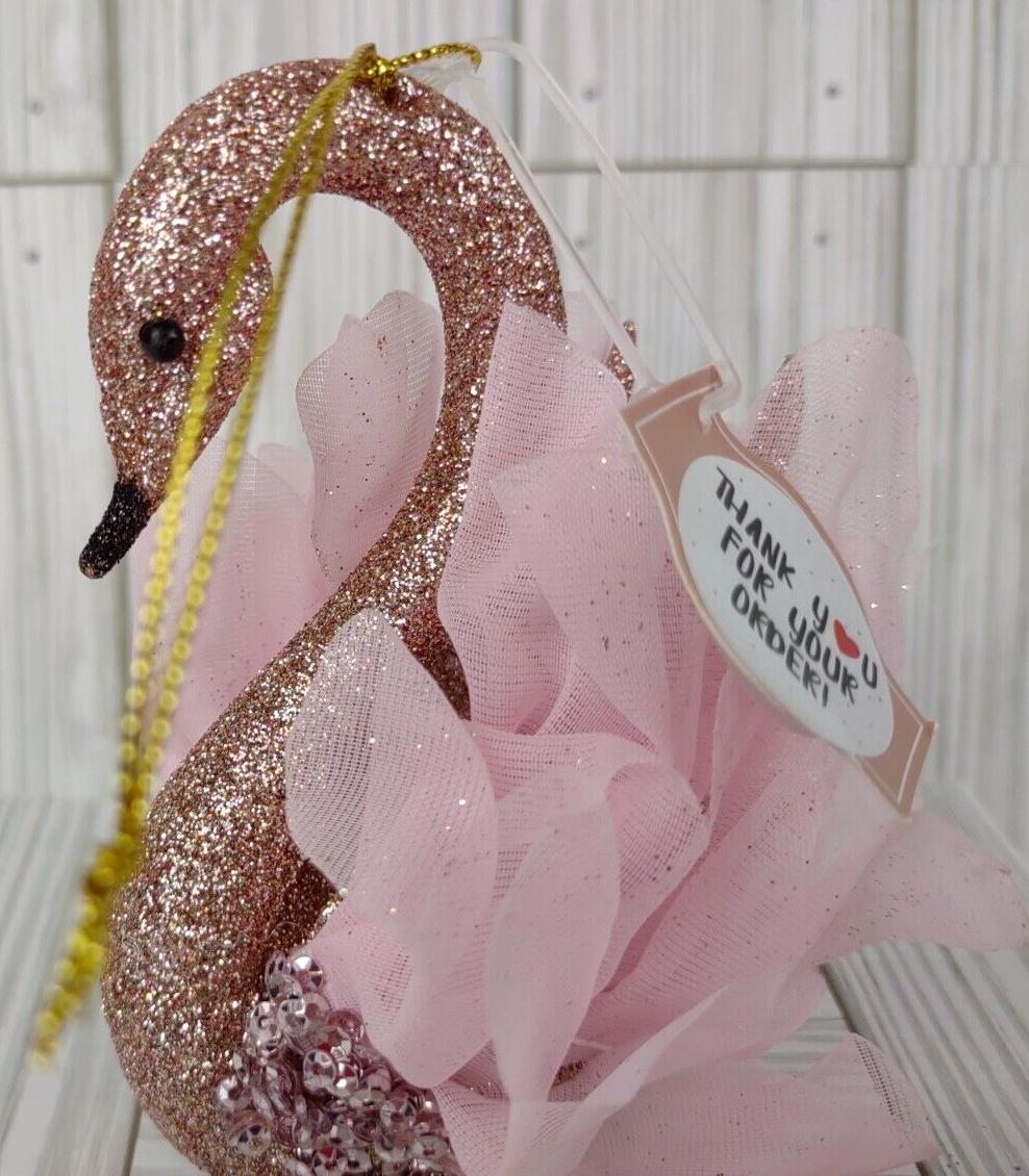 Pink Swan Bird Holiday Christmas Tree Ornament Glittery Sparkle Bling ...