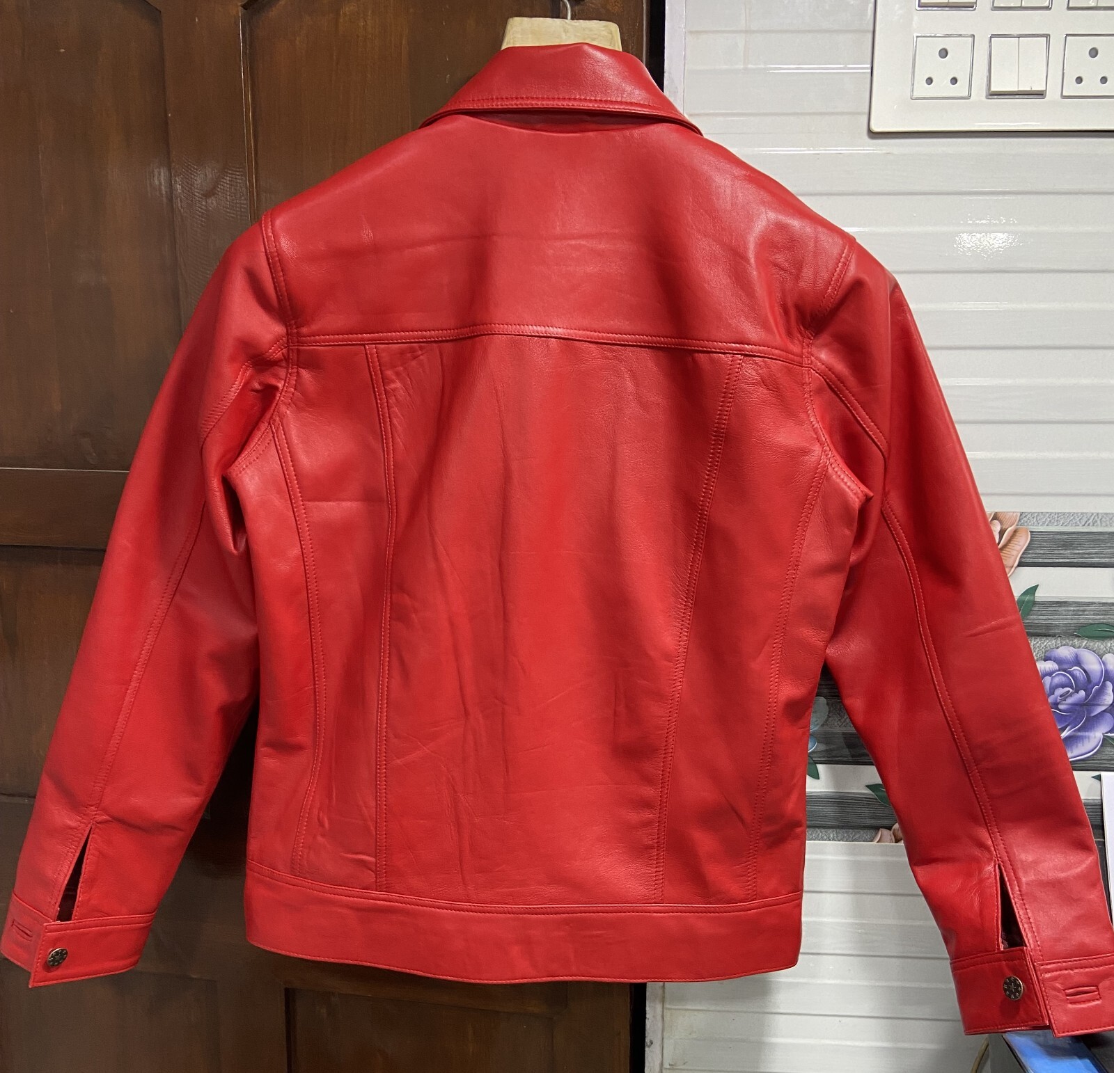 Men's Genuine Lambskin Leather Trucker Jacket Red Biker Denim Shirt ...