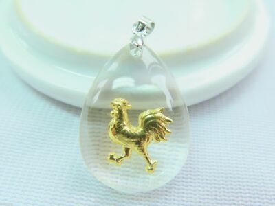gold ROOSTER CHICKEN CRYSTAL pendant Sterling Silver 925 22" necklace ...