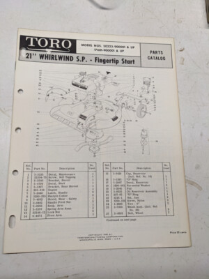 TORO PARTS CATALOG LIST BOOK MANUAL 21” WHIRLWIND SP LAWN MOWER 20223 ...