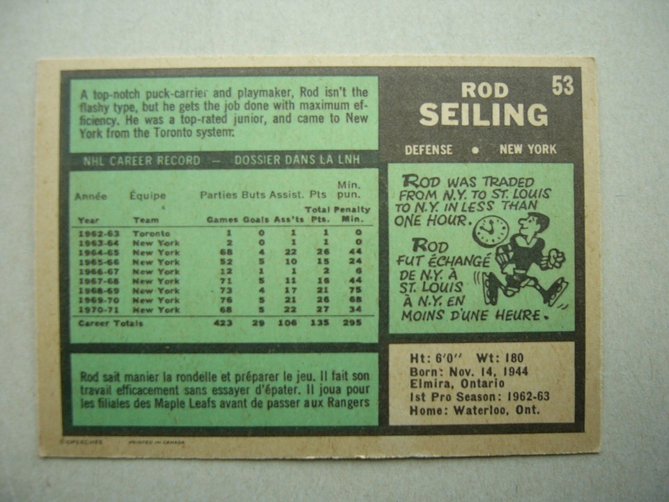 1971/72 O-PEE-CHEE NHL HOCKEY CARD #53 ROD SEILING EX/NM SHARP!! 71/72 ...
