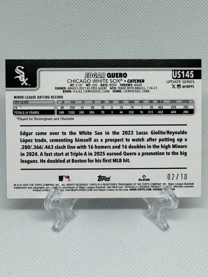 EDGAR QUERO 2025 Topps Update Black Holo Foil 2/10 RC #US145 White Sox ...