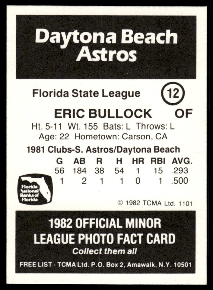 1982 TCMA Daytona Beach Astros Eric Bullock Daytona Beach Astros #12 | eBay