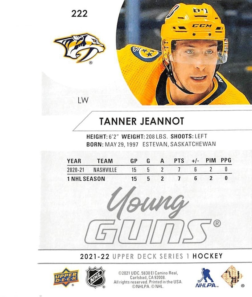 2021-22 UD #222 Tanner Jeannot YG RC ** Nashville Predators ** | eBay