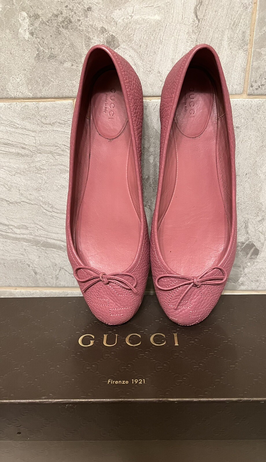 Authentic GUCCI ROSE Leather Flats ballet Shoes Size … - Gem