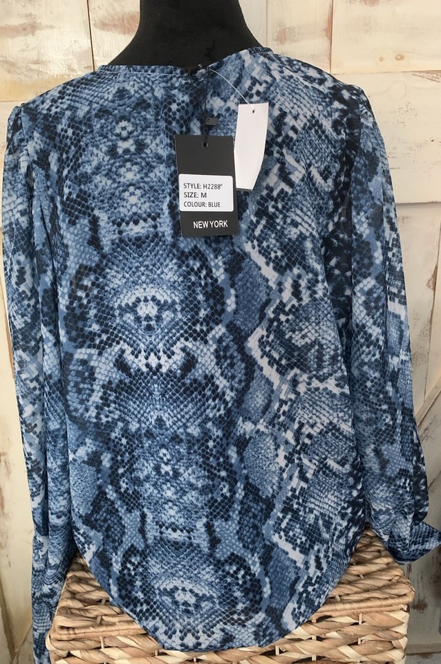 N by Nancy Womens Chic Blue Snake Print Balloon Sleeves Sheer Blouse ...