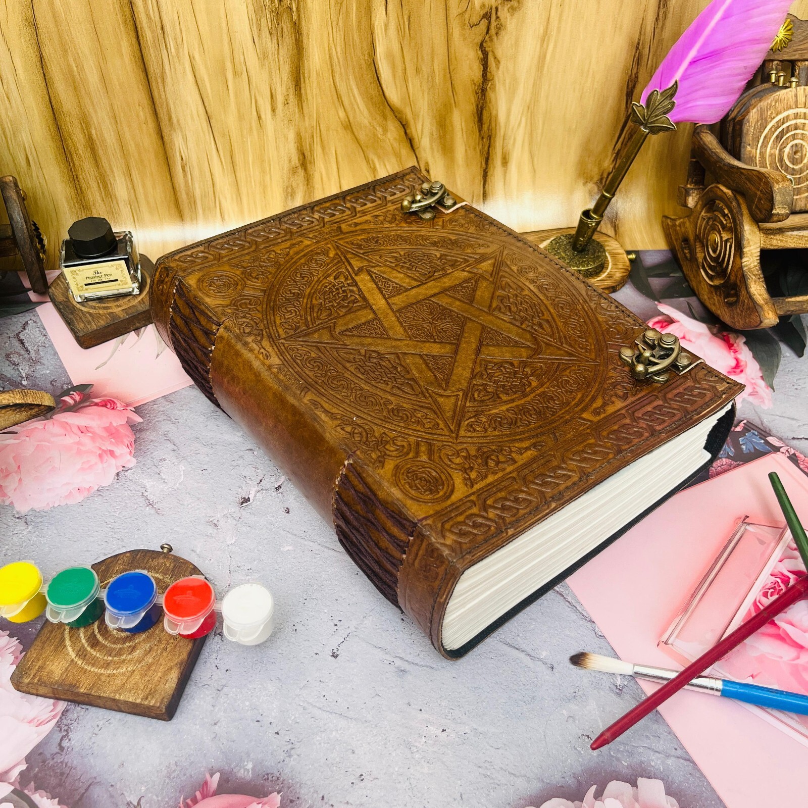 Large Pentagram Embossed Leather Journal 600 White Blank Papers Spell ...
