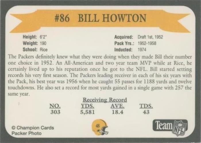 1992 Champion Cards Green Bay Packers Hall of Fame Billy Howton #48 for ...