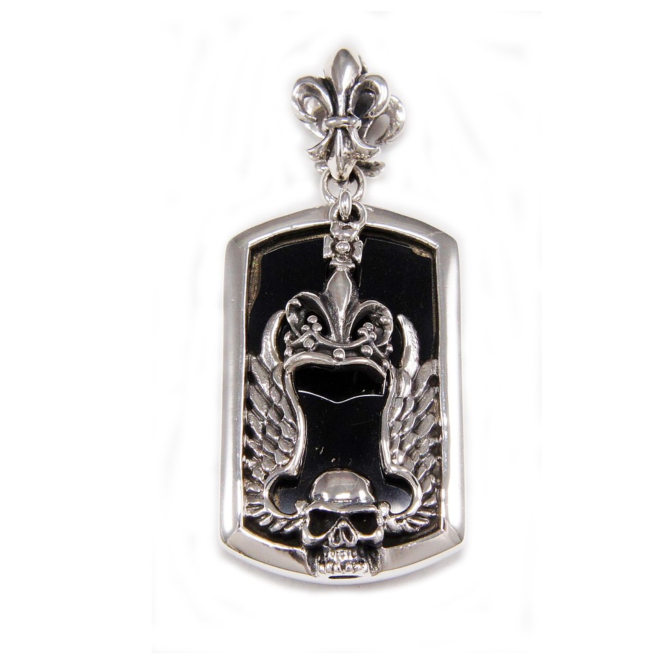 SKULL DOG TAG ONYX 925 STERLING SILVER BIKER GOTHIC ROCKABILLY PENDANT ...