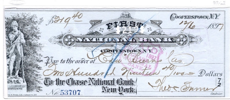 The First National Bank Of Cooperstown NY 1897 Check #53707 | eBay