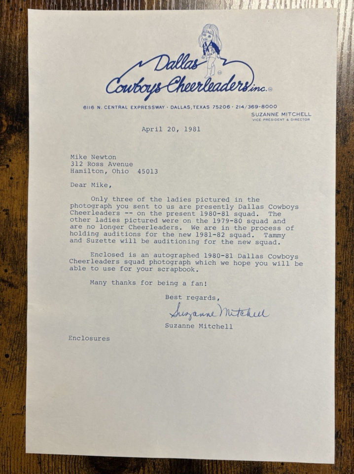 Suzanne Mitchell (d. 2016) Signed 1981 Dallas Cowboys Cheerleader ...