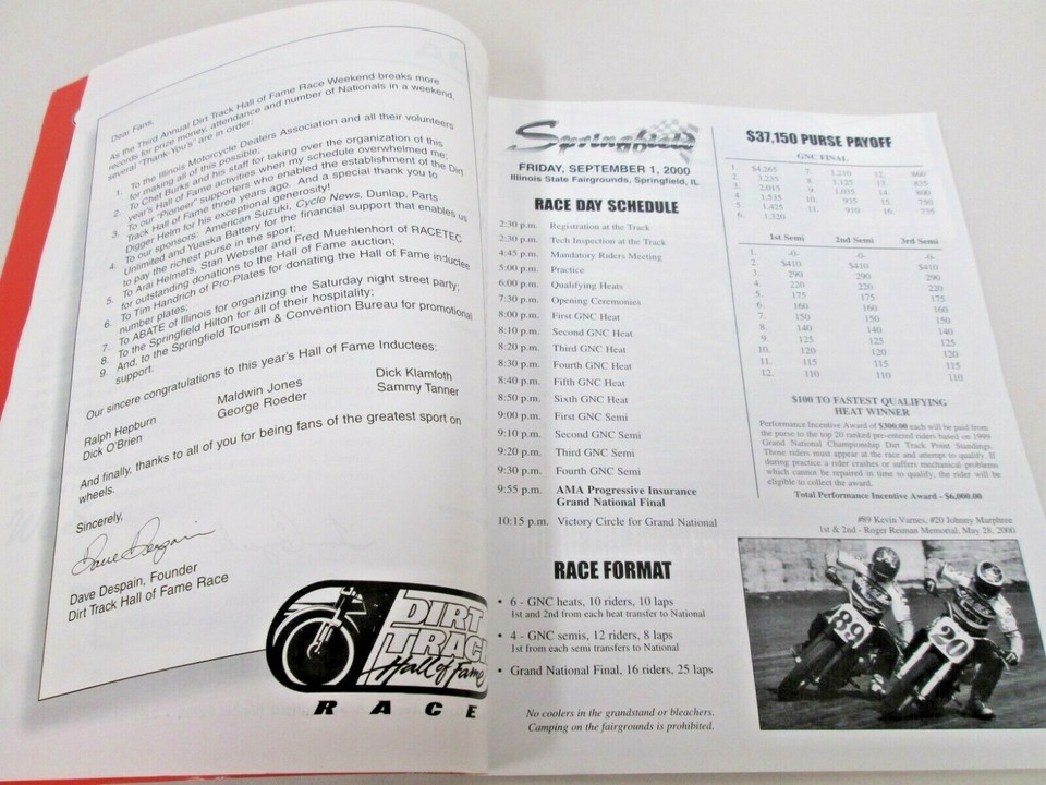 Vintage AMA Motorcycle Racing Program Springfield Mile Flat Track Race ...