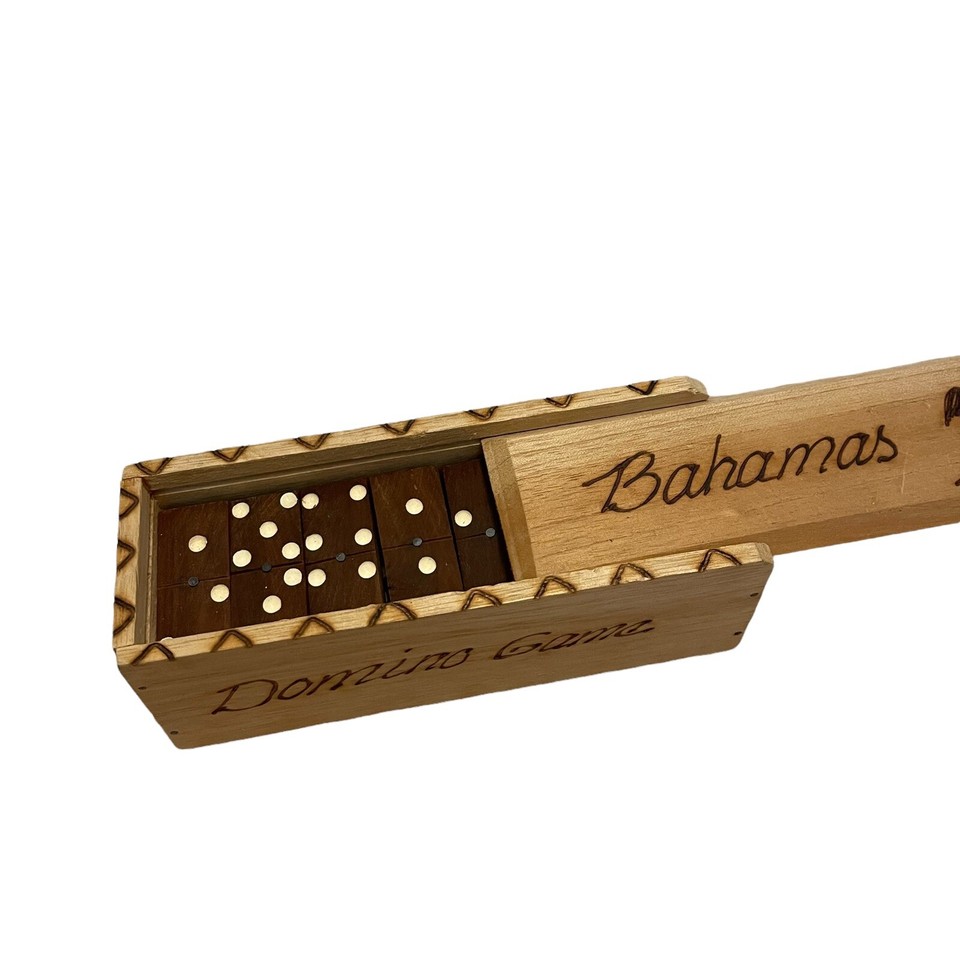 Wooden Dominoes Set W/ Handmade Wood Box Bahamas Fire Etched Carved | eBay