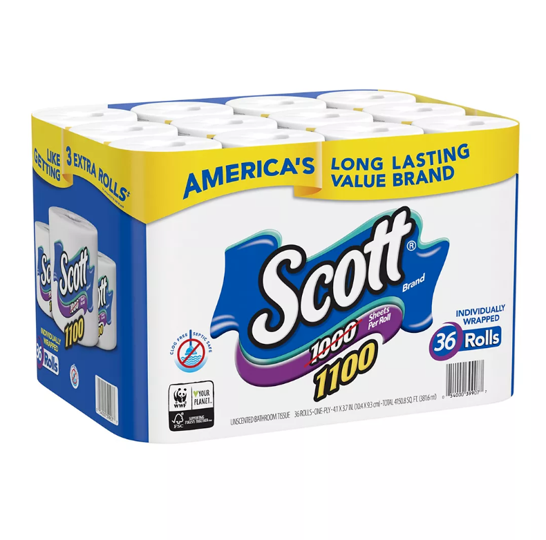 Scott Bathroom Tissue, 1-Ply, 1100 Sheets, 36 Rolls Toiler Paper FAST ...