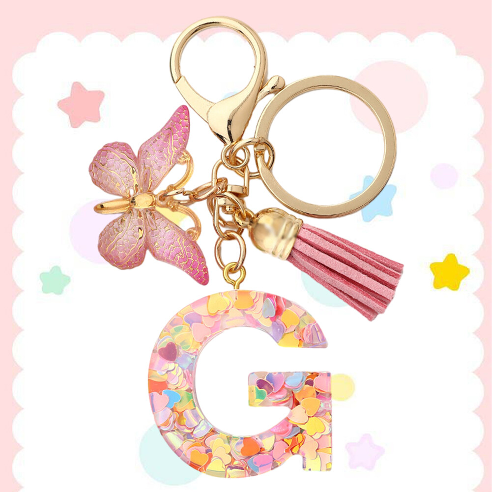 LF# Key Ring Charm Letter G Keychain Pink Tassel Butterfly Key Ring for ...