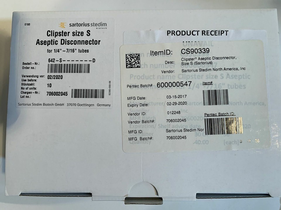 (1) BOX-Sartorius Clipster Aseptic Disconnector SZ S 10/PK EXP: 02/20 1 ...