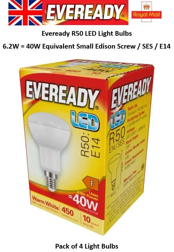 4 x 6.2W = 40W LED R50 Light Bulbs Small Edison Screw E14 Reflector ...