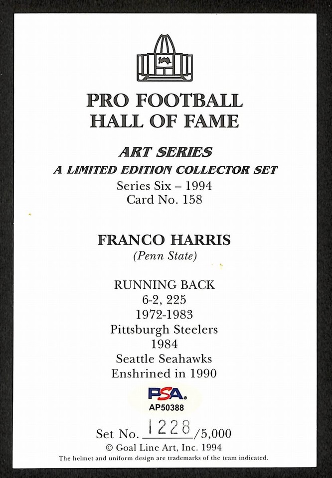 Franco Harris Signed 1994 GLAC/Goal Line Art Postcard Steelers PSA/DNA ...