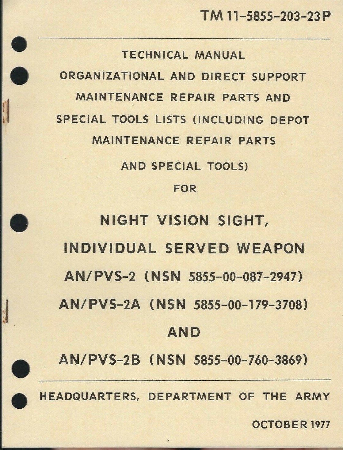 Historical book for Night Vision Sight, AN/PVS-2, -2A -2B, Repair Parts ...