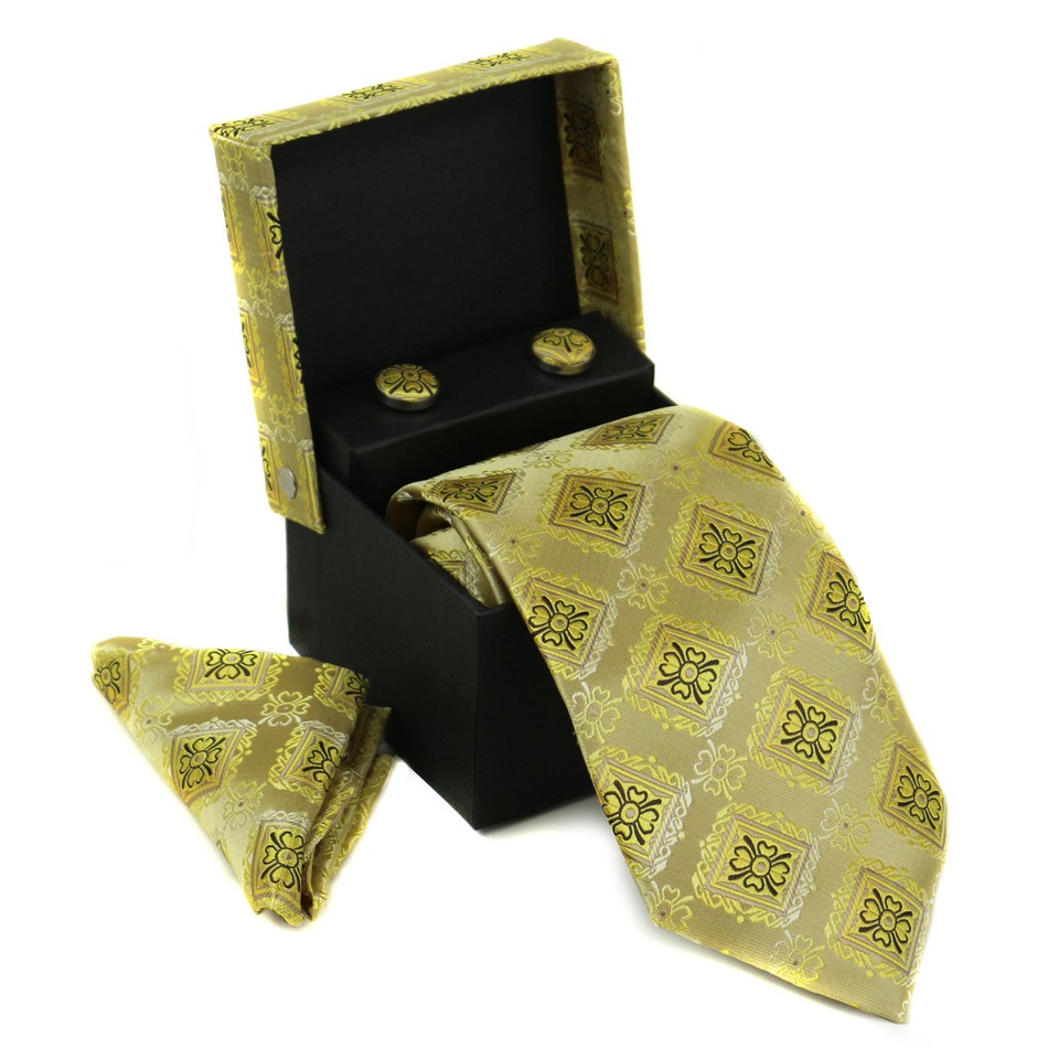 Men's Pure Premium Silk Formal Neck Tie Cuff Links Handkerchief Gift ...