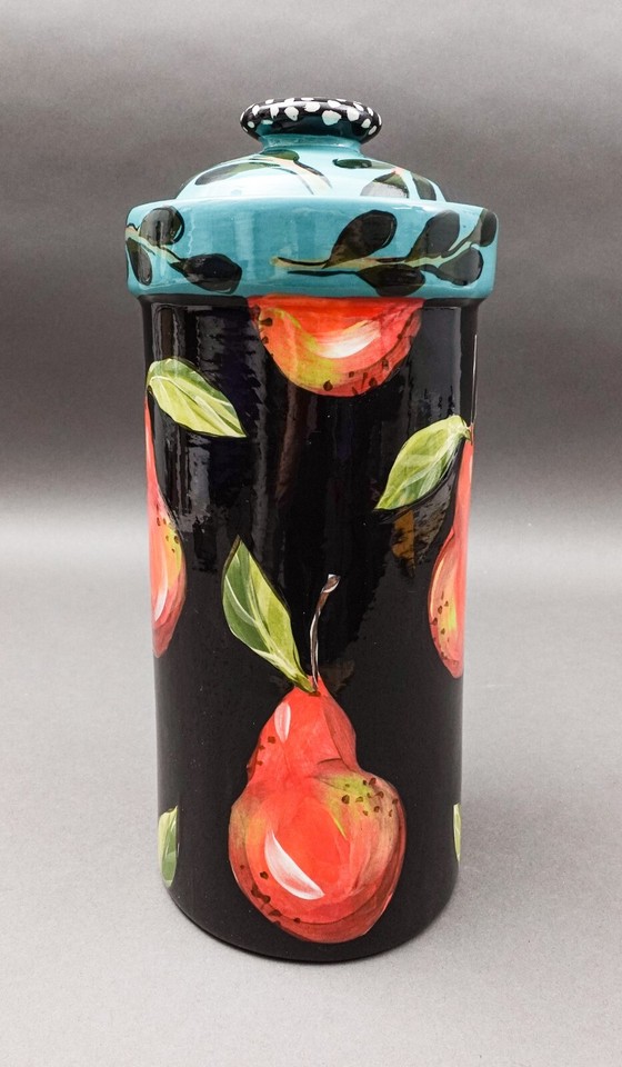 Droll Designs Hand Painted Pear Fruit Art Pottery Large Lidded Jar ...