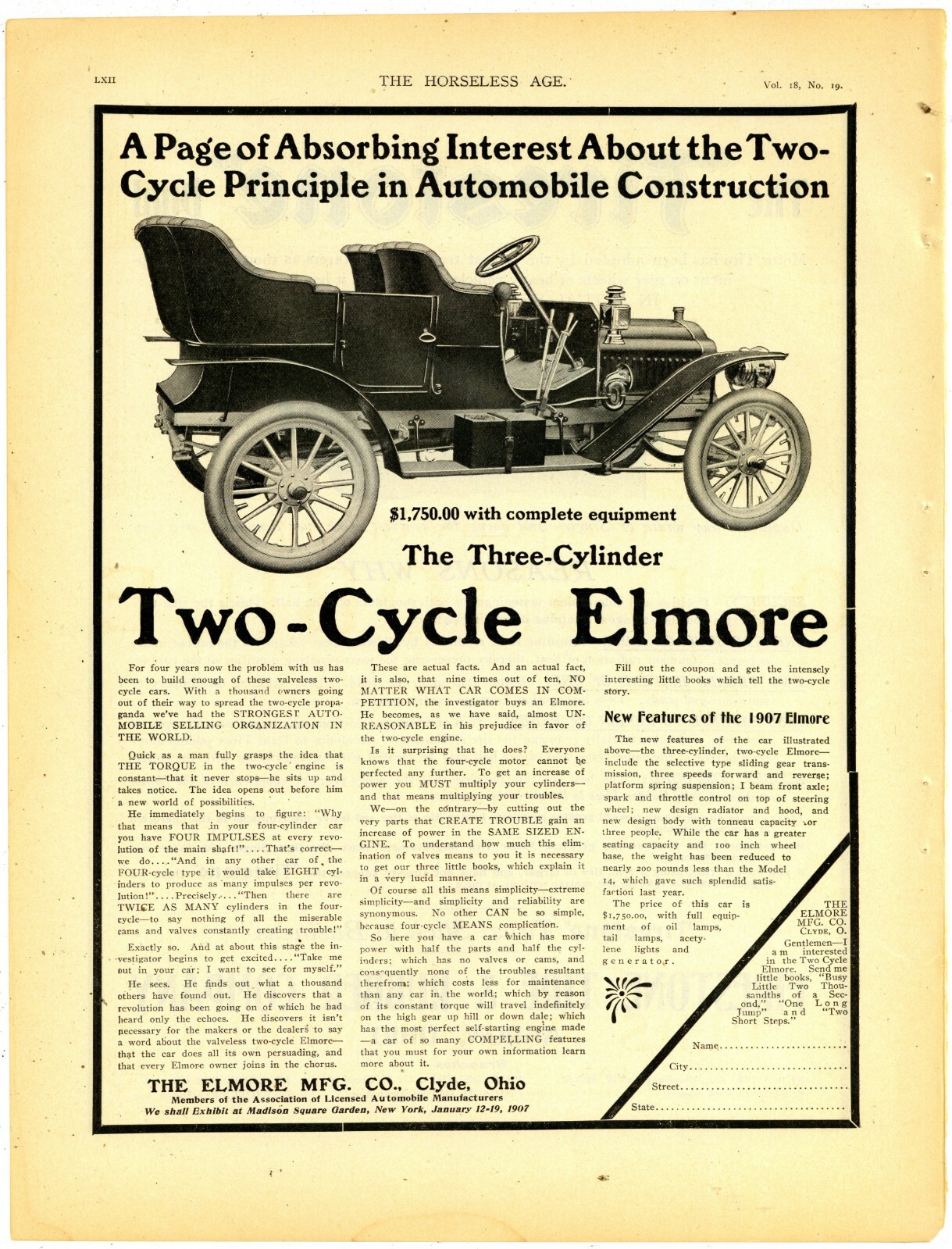 Nov.1906 Elmore Mfg. Co. Ad: Elmore 3 Cylinder 2 Cycle Motor Car ...