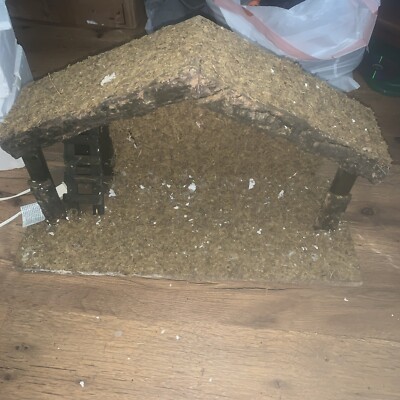 Vintage Large Nativity Creche Stable Wood Moss Barn Nice | eBay