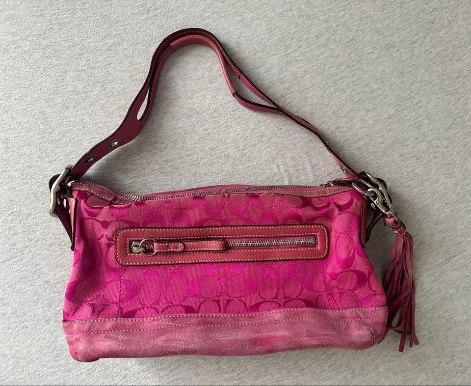 Coach Y2K Pink Fringe Handbag Signature 9363 Canvas Leather Suede Used ...