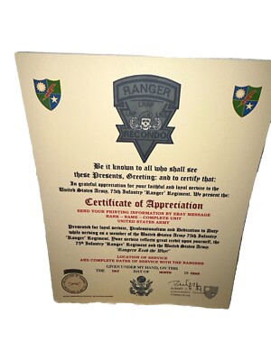 U.S. ARMY 75 RANGERS - LRRP RANGER RECONDO LRP-LRS / CERTIFICATE OF ...